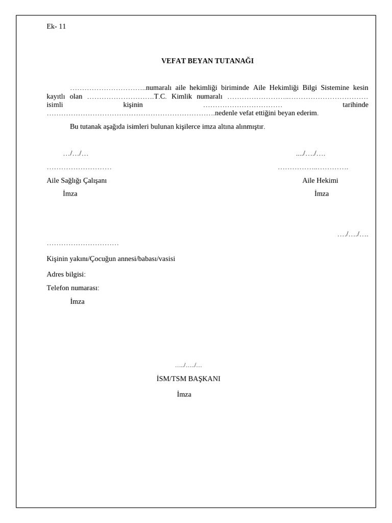Ek - Ek-11 VEFAT BEYAN TUTANAĞI | PDF