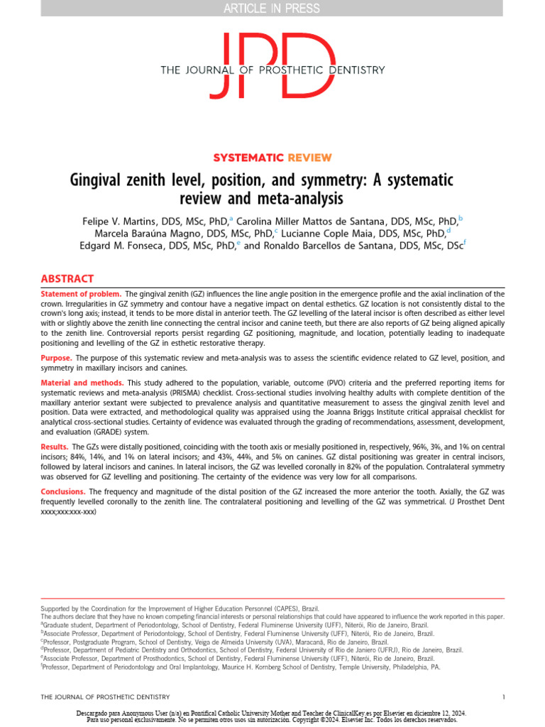 Gingival Zenith Level, Position, and Symmetry: A Systematic Review and ...