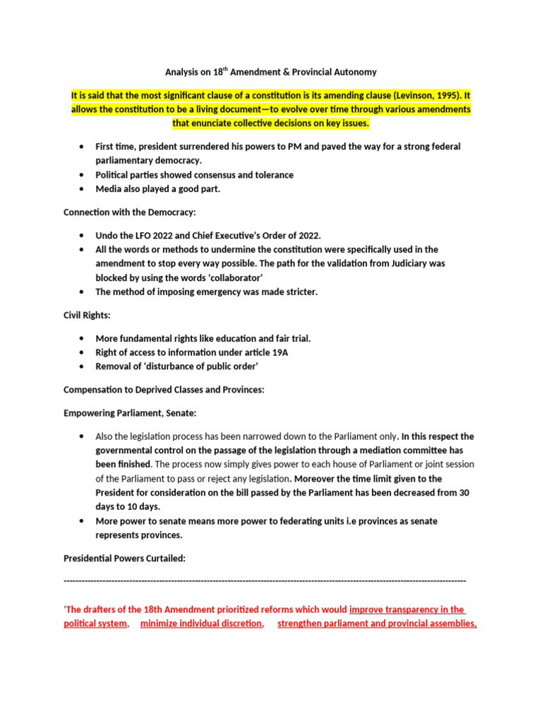 Analysis On 18th Amendment | PDF | Parliament | Constitution