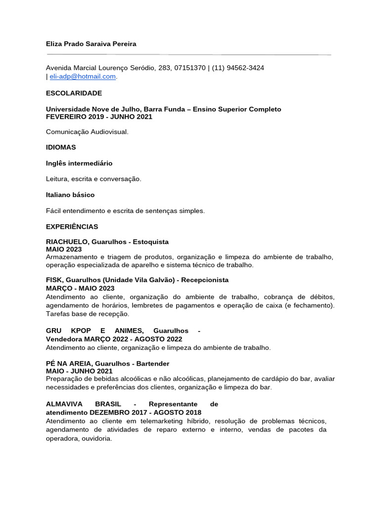 Eliza Prado Saraiva Pereira CV (2024) | PDF