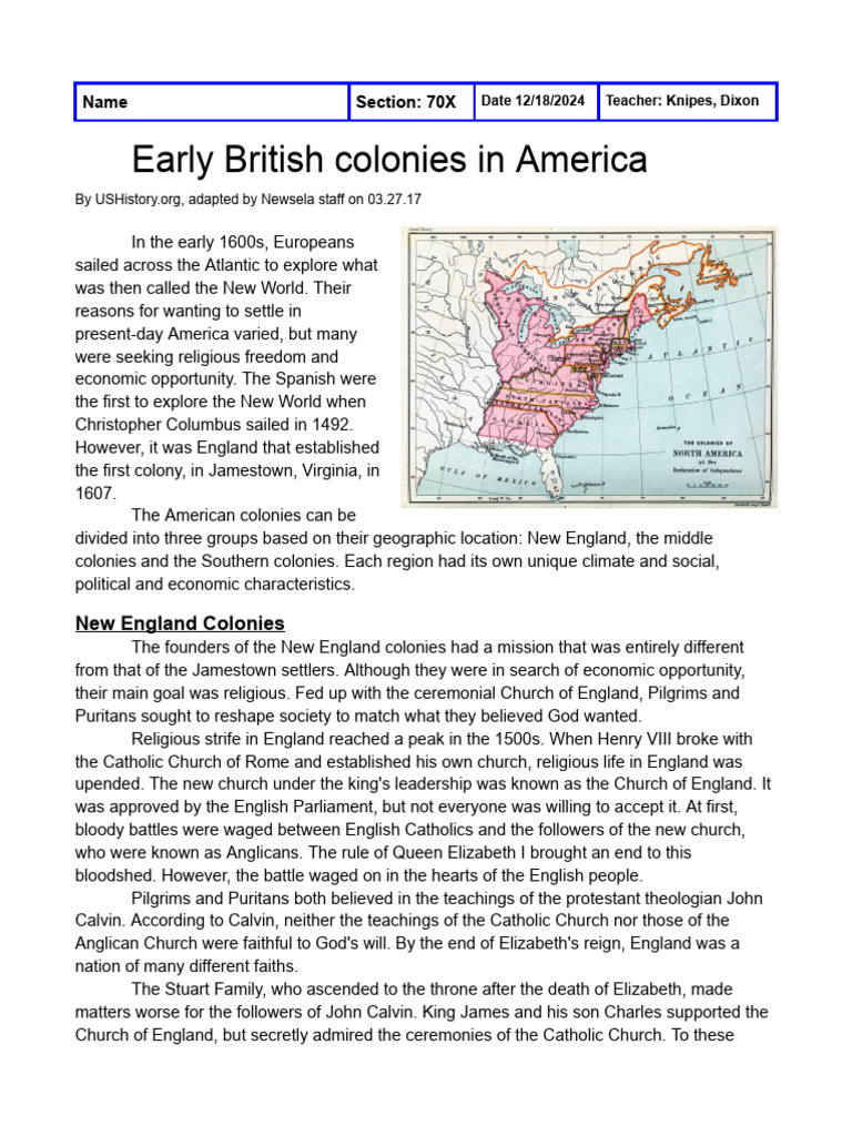 Text The Thirteen Colonies | PDF | Thirteen Colonies | Puritans