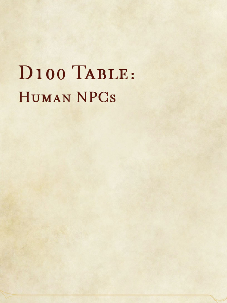 D100 Table Human NPCs | PDF | Wizards Of The Coast | Dungeons & Dragons