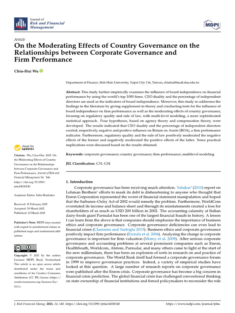 Moderating Effects of Country Governance On The | PDF | Corporate ...