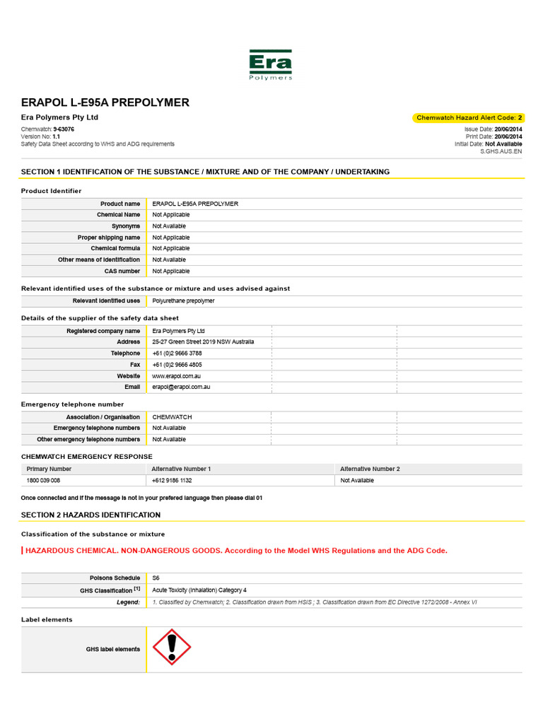 Erapol L E95a Prepolymer Ghs Australia | PDF | Working Conditions | Safety