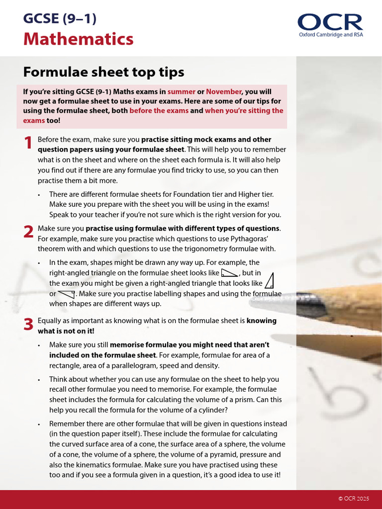 Formulae Sheet Top Tips | PDF | Area