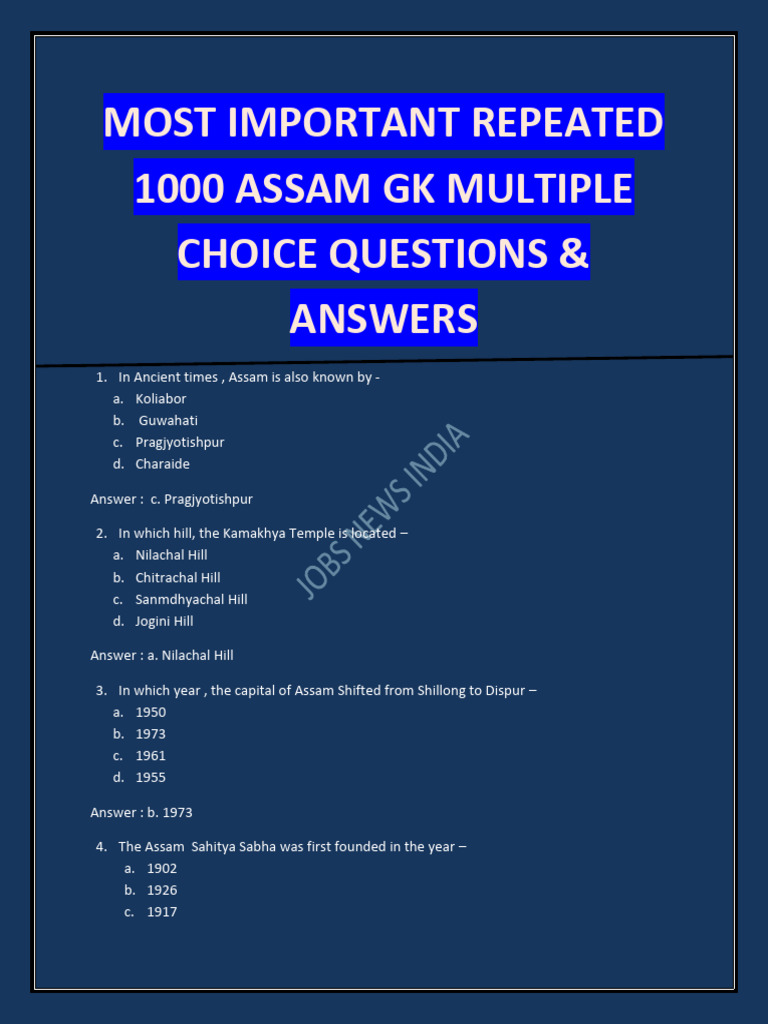 Assam General Knowledge Quiz | PDF