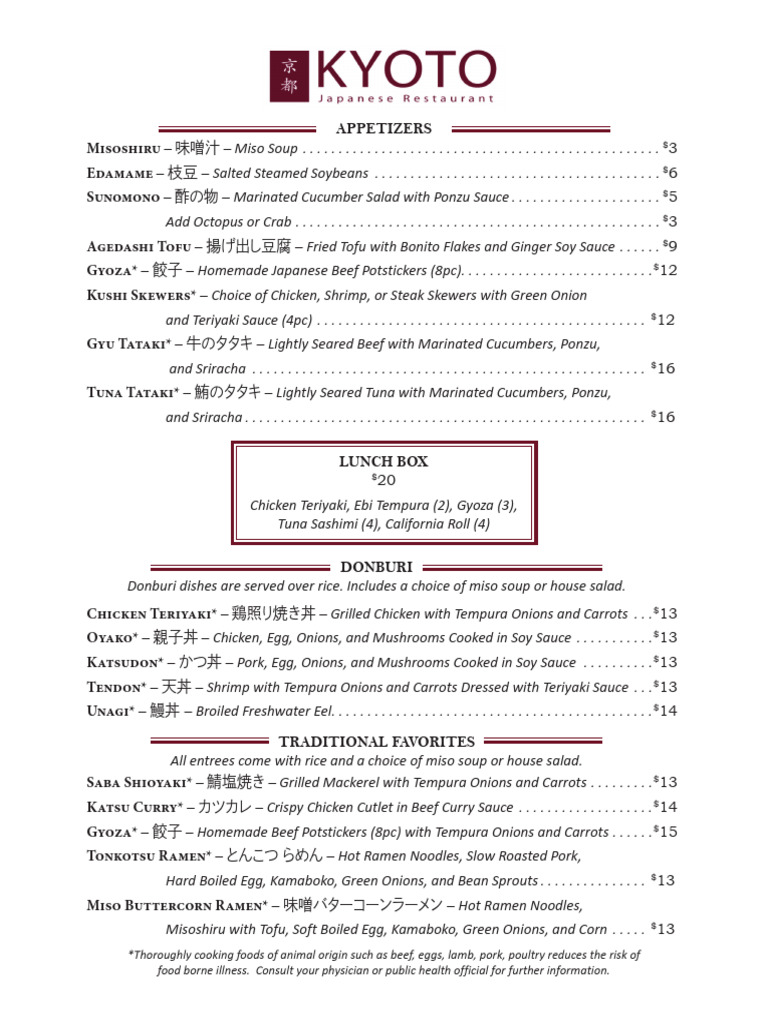 Kyoto Lunch Menu | PDF | Sushi | Foods