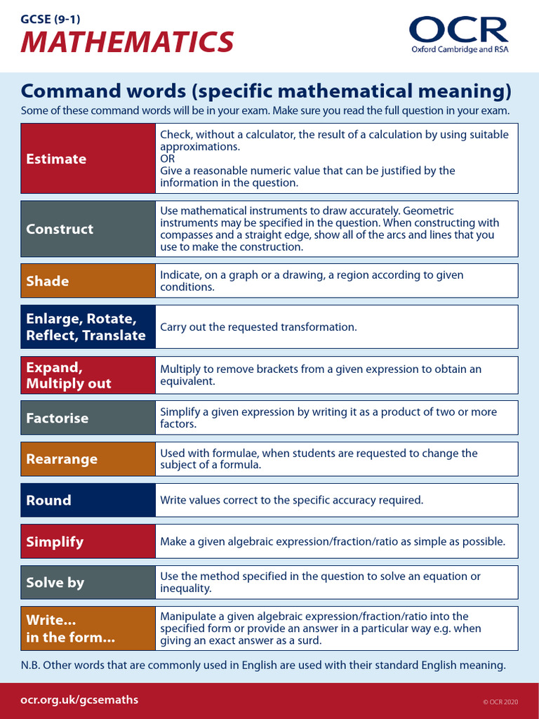 Command Words Specific Mathematical Meaning Poster Web | PDF