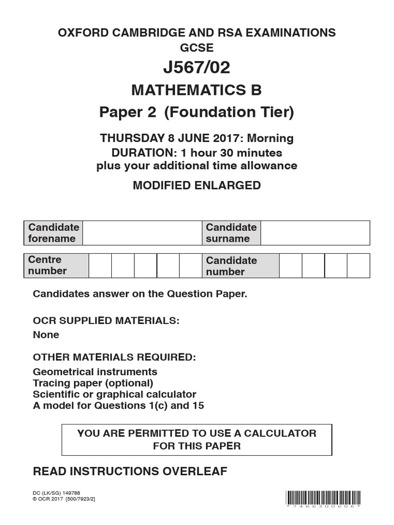 Question Paper J567 02 Paper 2 Foundation Tier Modified Enlarged A4 ...