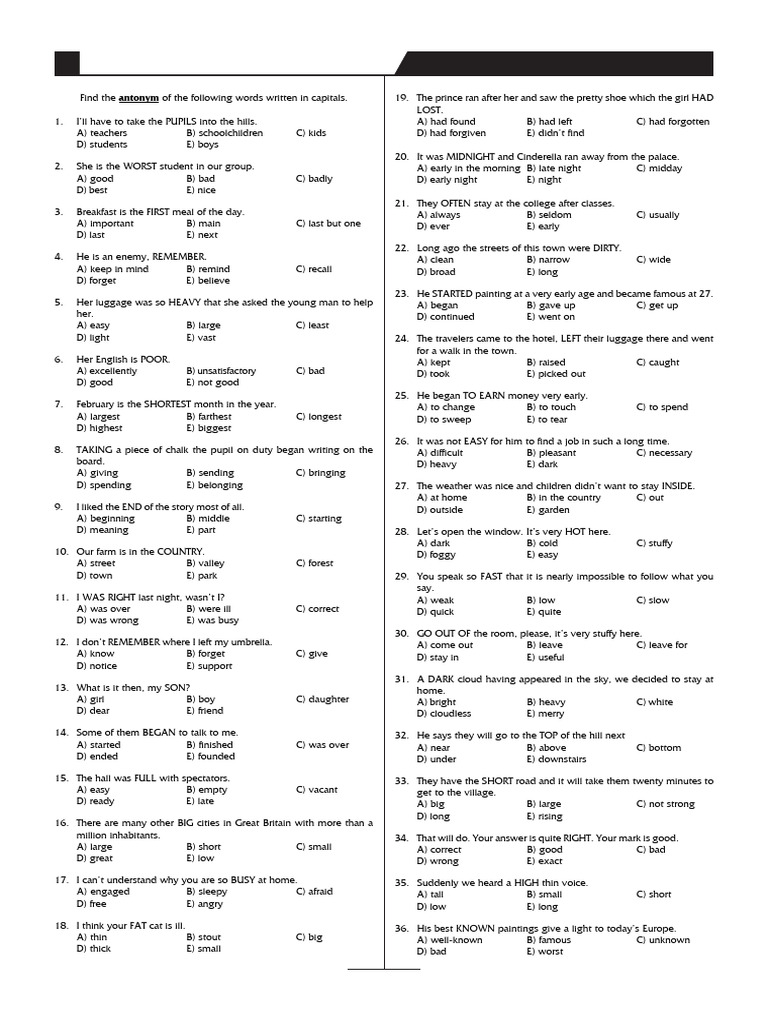 Antonyms Exercises with Answers | PDF