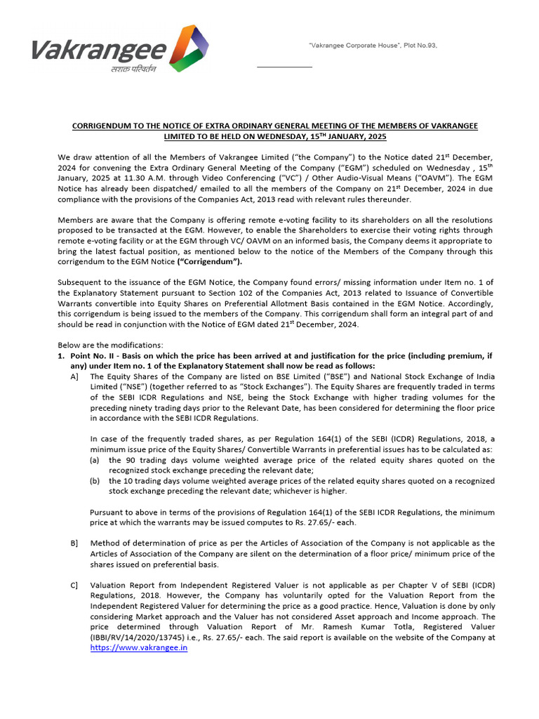 Vakrangee EGM Notice Corrigendum | PDF | Real Estate Appraisal | Stocks