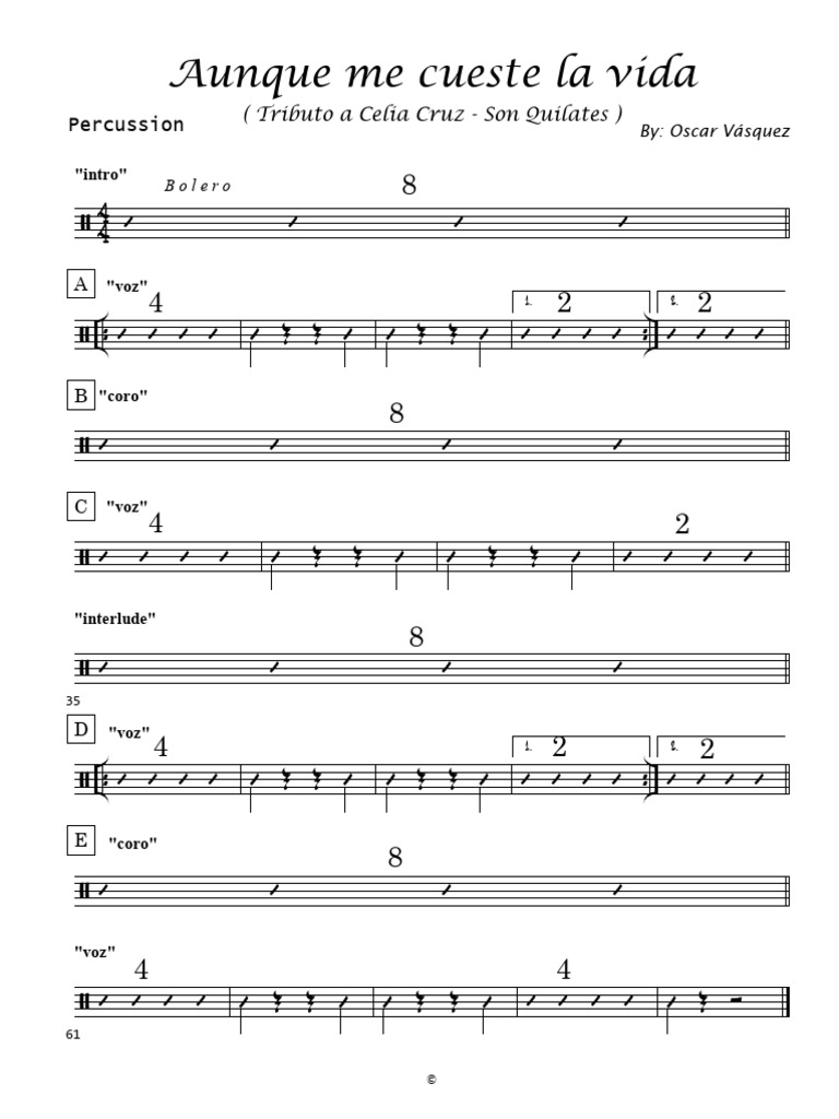 Aunque Me Cueste La Vida - Percussion | PDF