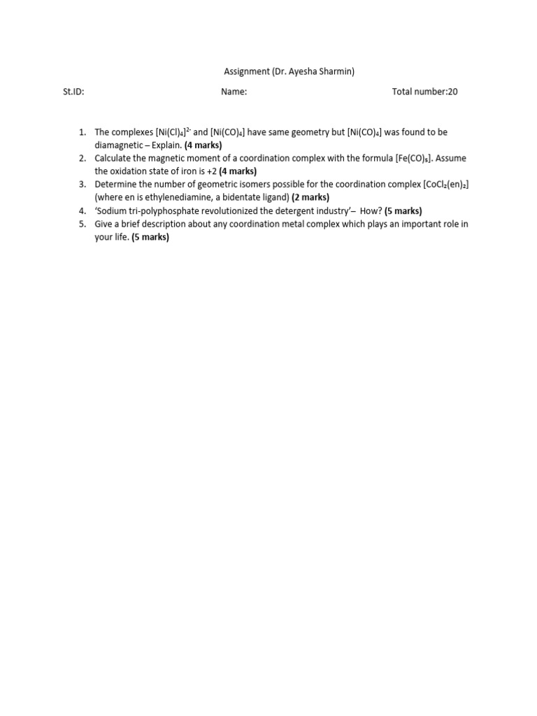 Chem 161 Assignment On Coordination Complex | PDF