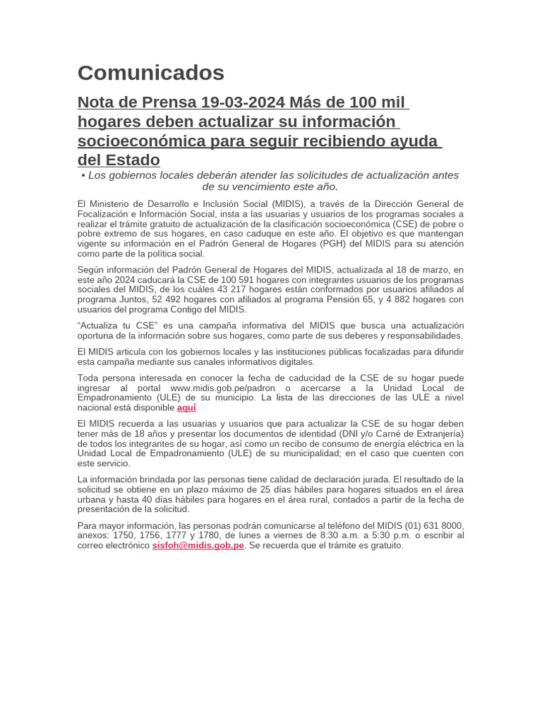 Comunicados SISFOH | PDF