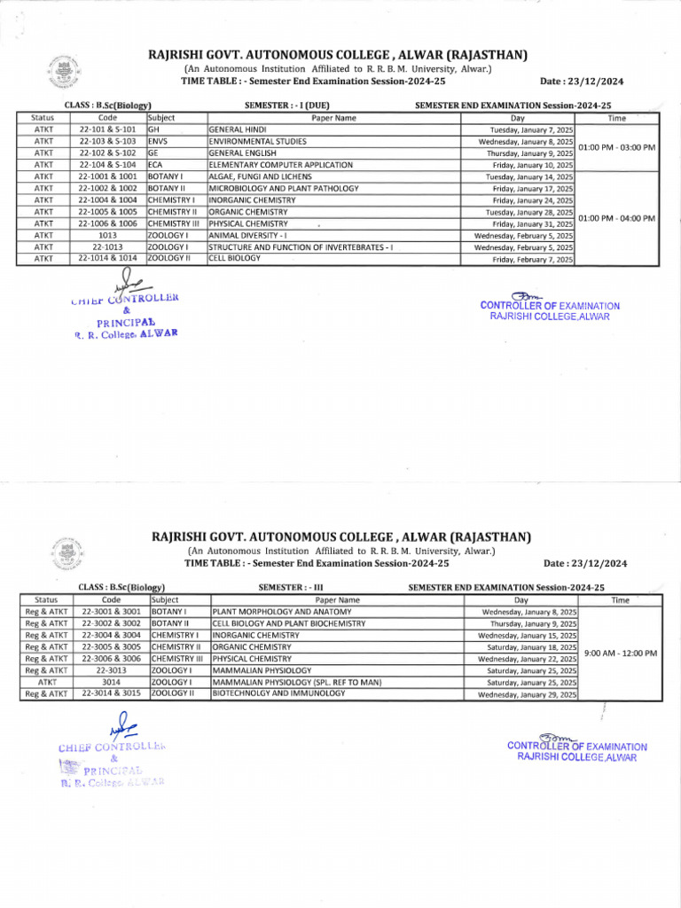 Time Table UG DEC. 2024 I, III & V Semester | PDF