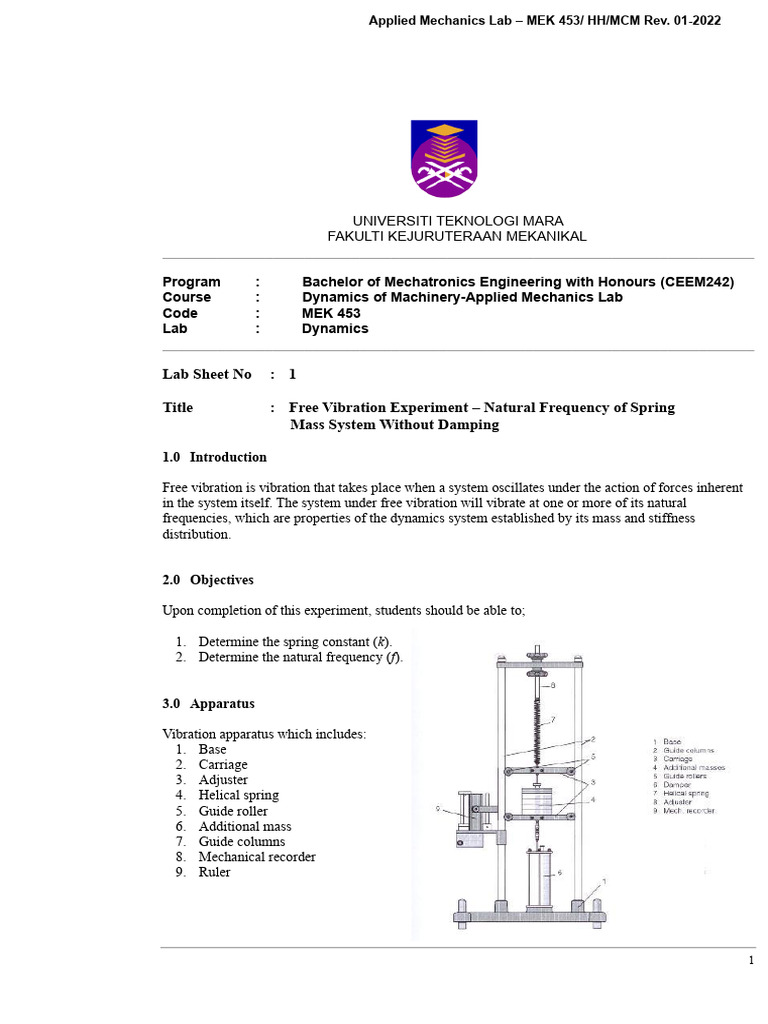 LabSheet 1-Free Vib Experiment-Student-MEK453 | PDF | Mechanical Engineering | Mechanics