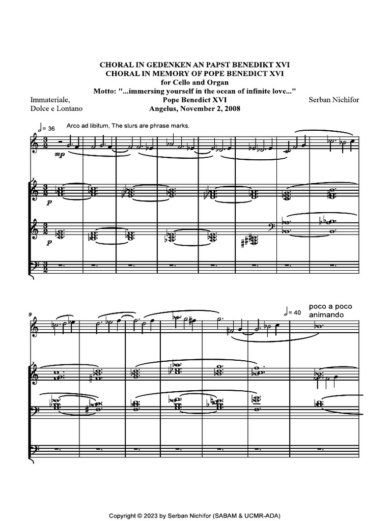 Serban Nichifor: CHORAL IN MEMORY OF POPE BENEDICT XVI For Cello and ...