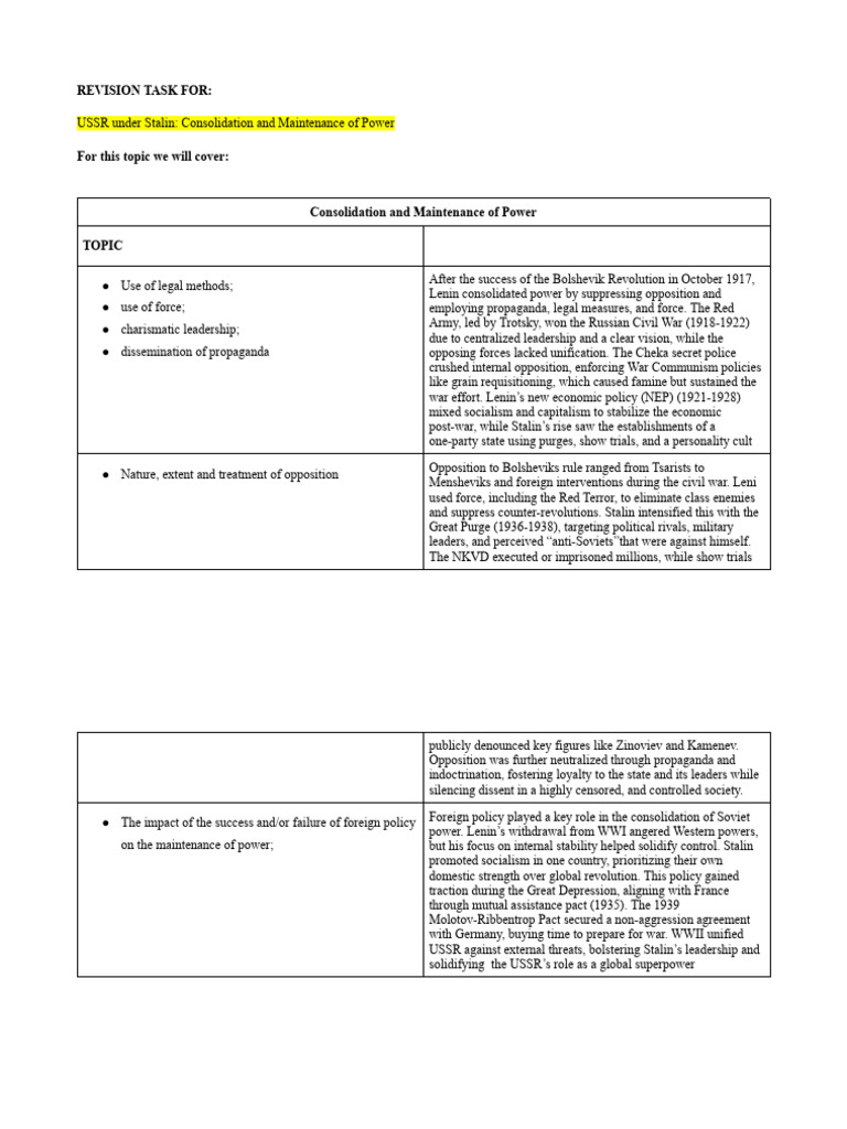 REVISION TASK - USSR - Consolidation and Maintenance of Power | PDF ...