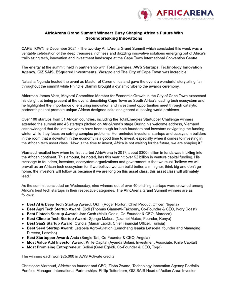 Winners - AfricArena Grand Summit 2024 Press Release | PDF | Startup Company | Small Business ...