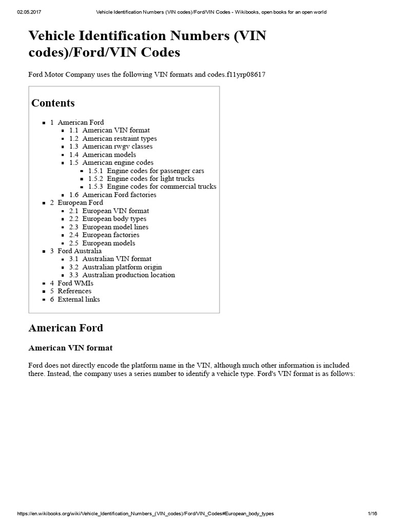 Vehicle Identification Numbers Vin Codes Ford Vin Codes Wikibooks Open ...