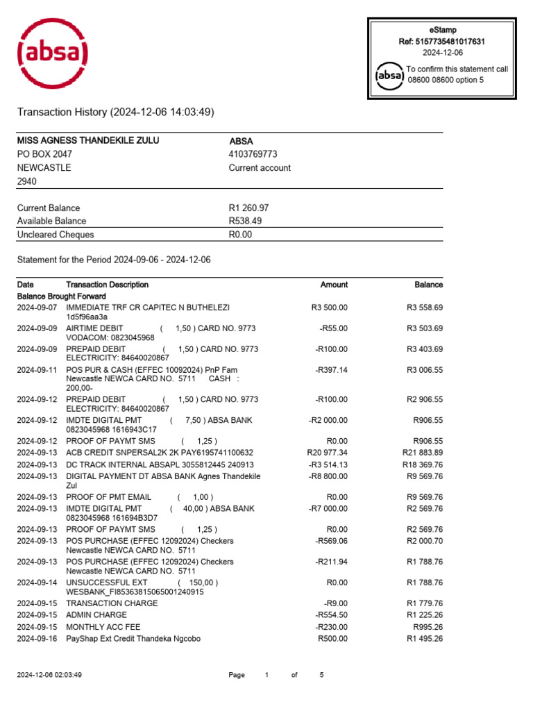 Transaction Statement for Agness Zulu | PDF | Debit Card | Payments