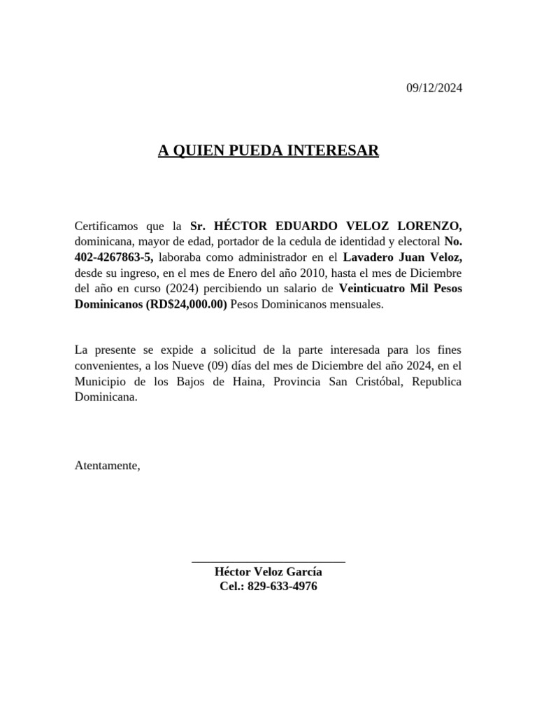 Carta de Trabajo Hector Veloz | PDF