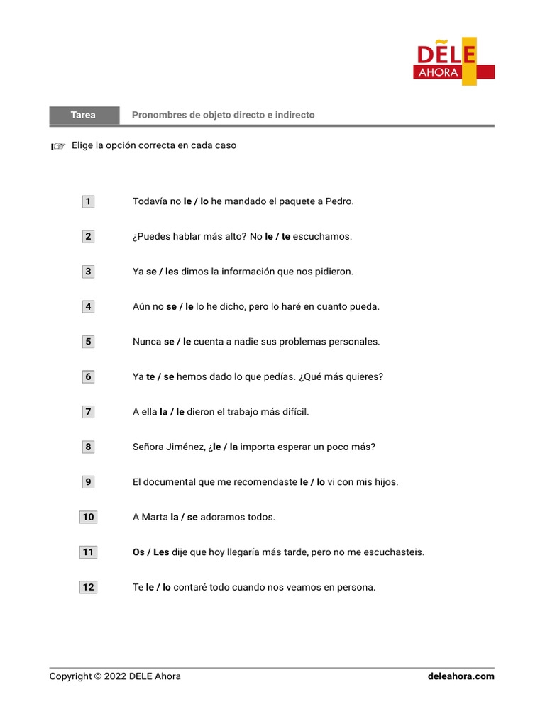 Pronombres de Objeto Directo e Indirecto - Actividad de Gramática ...