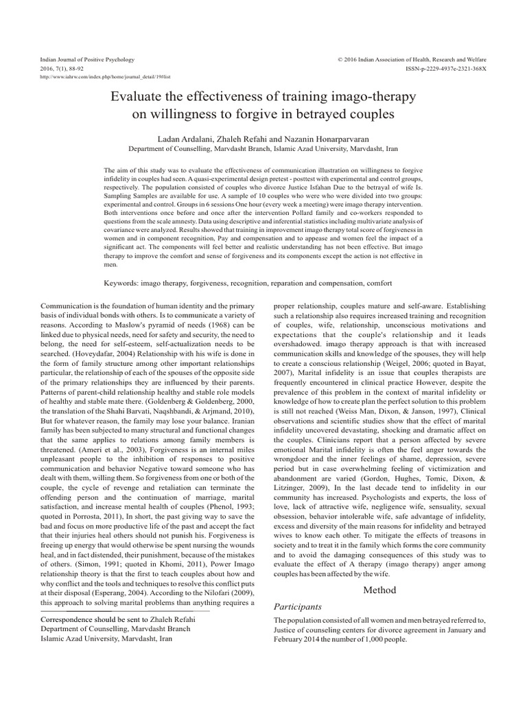 Imago Therapy's Impact on Forgiveness in Couples | PDF | Infidelity ...