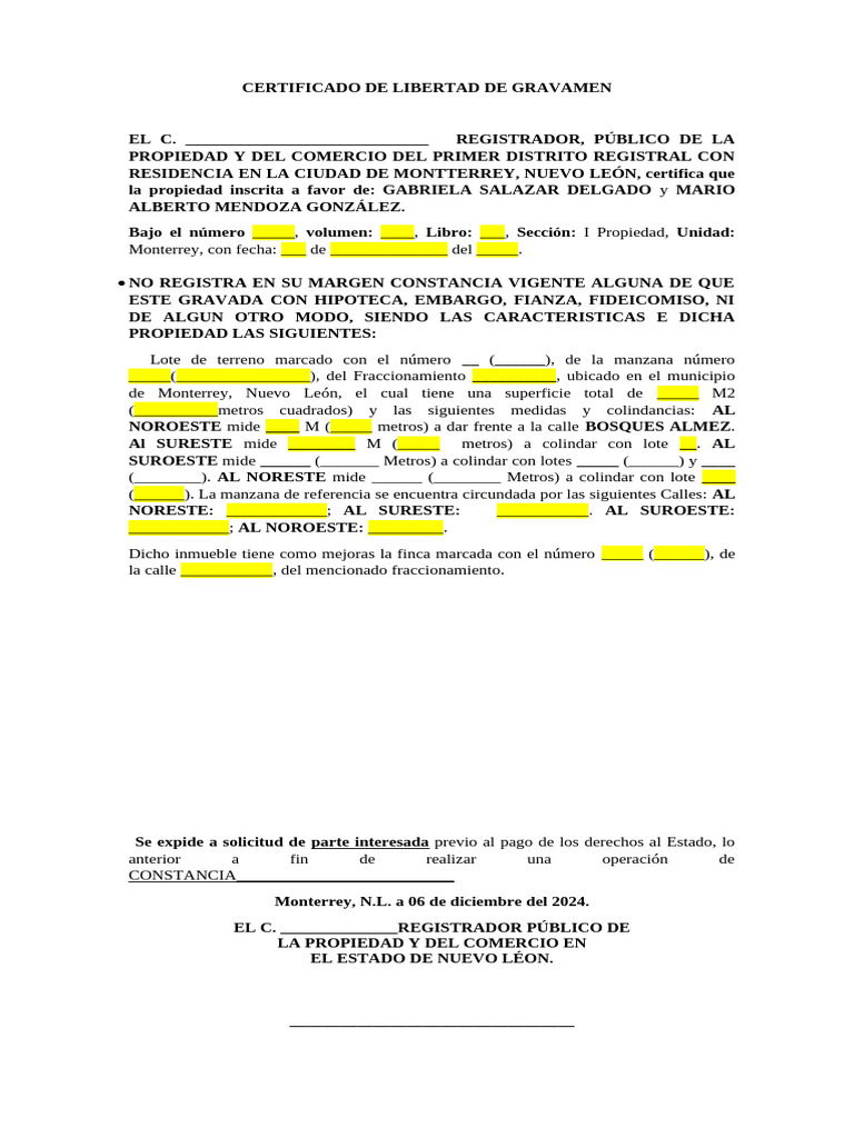 Certificado de Libertad de Gravamen | PDF