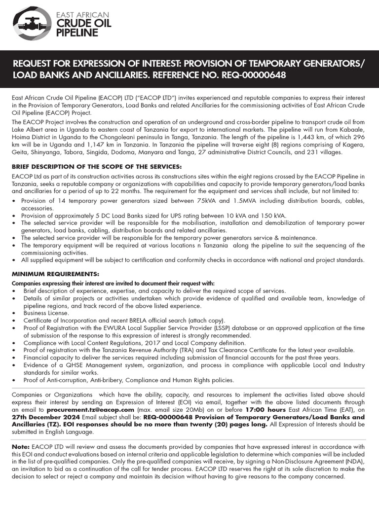 Request For Expression of Interest Provision of Temporary Generators | PDF