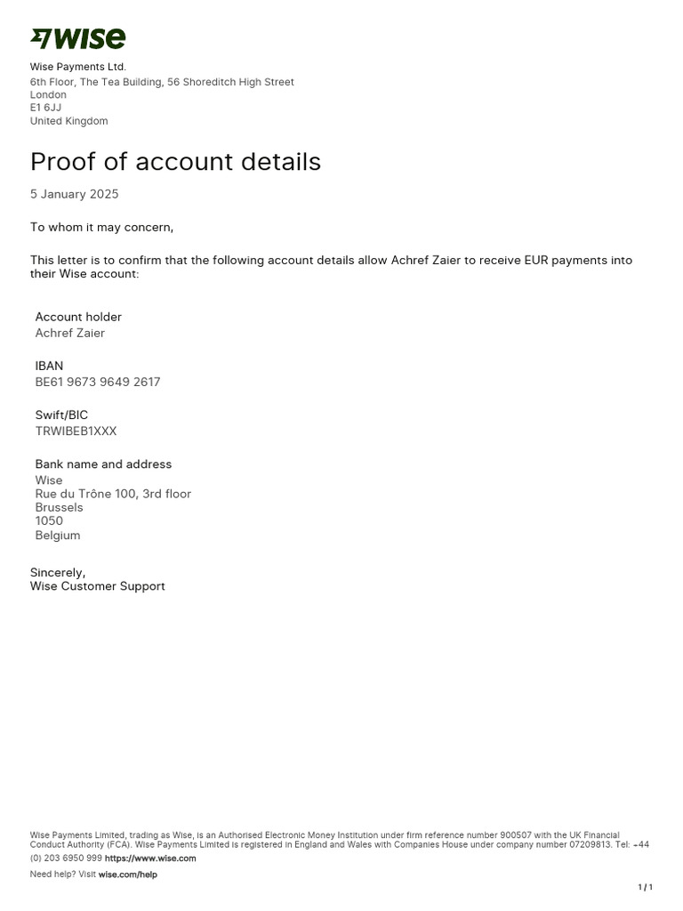 Wise Proof of Account Ownership 59604401 | PDF