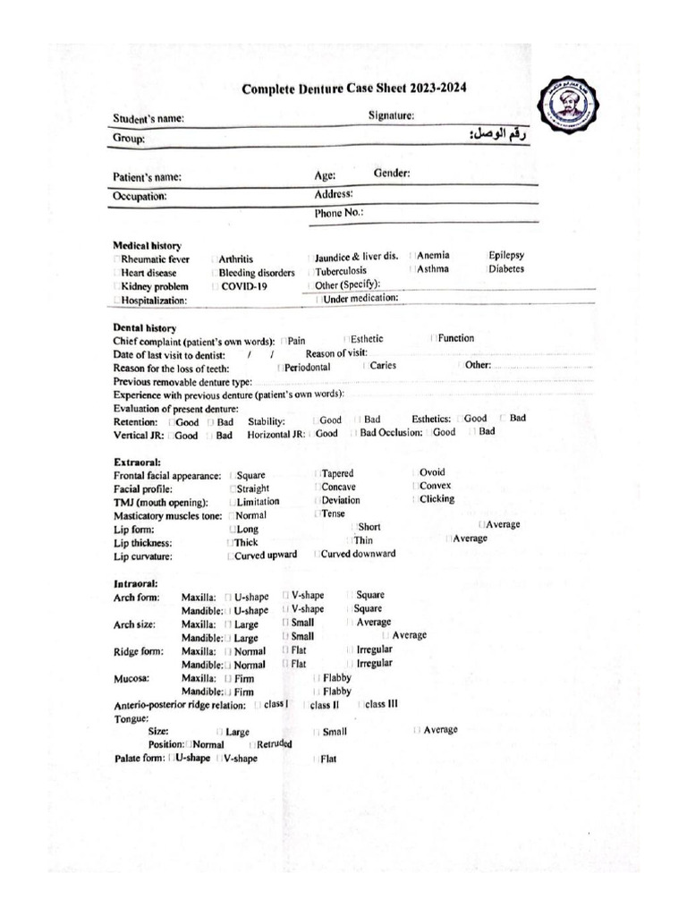 Case Sheet Prosthodontics | PDF