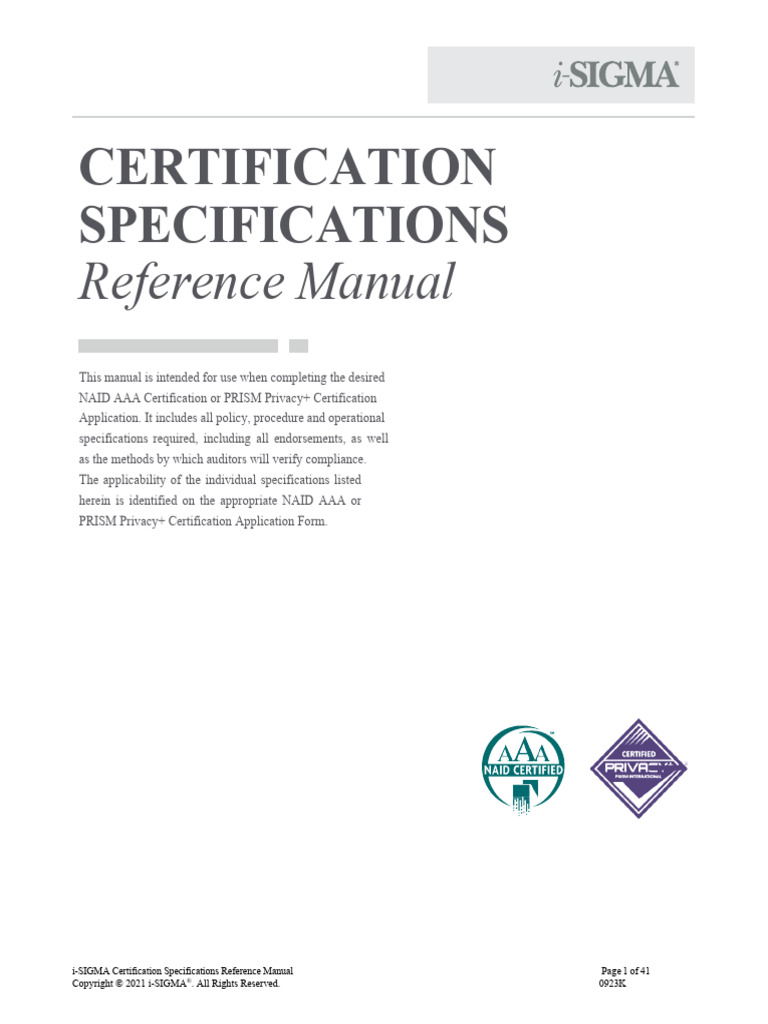 i-SIGMA Certification Specifications Guide | PDF | Background Check | Audit