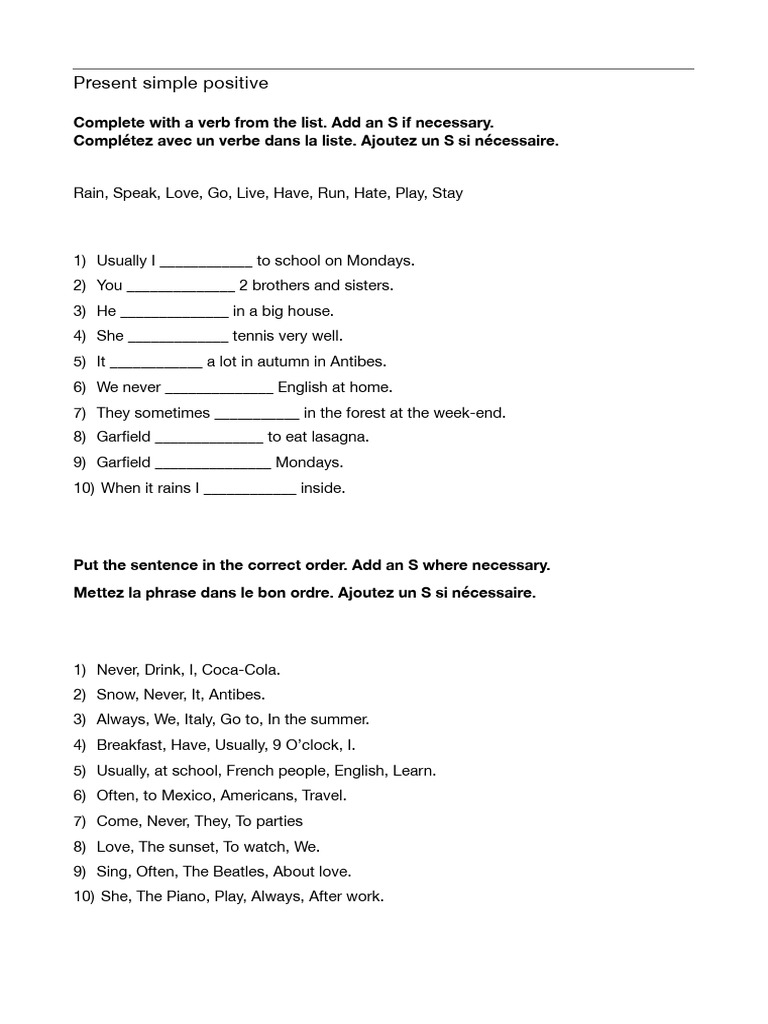 Present Simple Positive Exercises Pdf