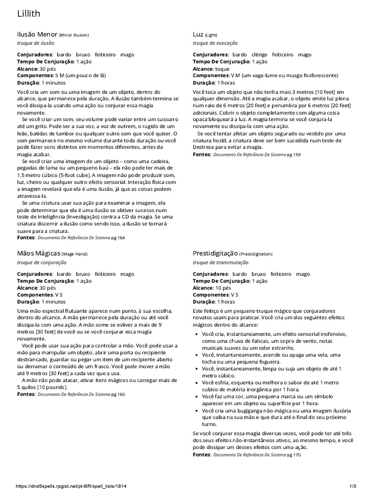 Lillith - Lista de Magias | PDF | Mágico (fantasia) | Som