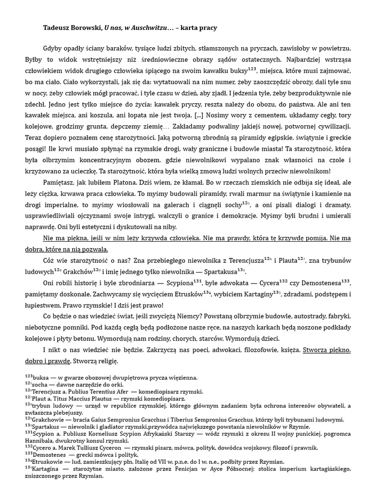 Borowski, U Nas, W Auschwitzu... - Karta Pracy | PDF