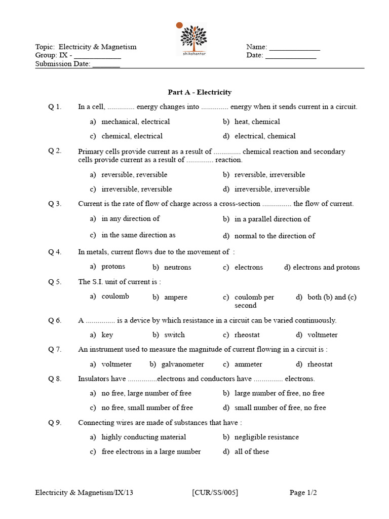 Worksheet Magnetism and electricity class IX | PDF | Electricity ...