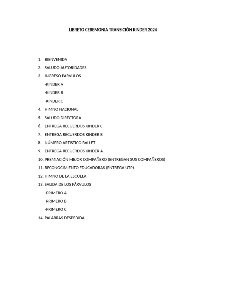 Libreto Ceremonia Transición Kinder 2024 | PDF | Educación de la ...