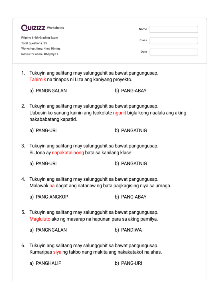 Filipino 6 4th Grading Exam - Quizizz | PDF