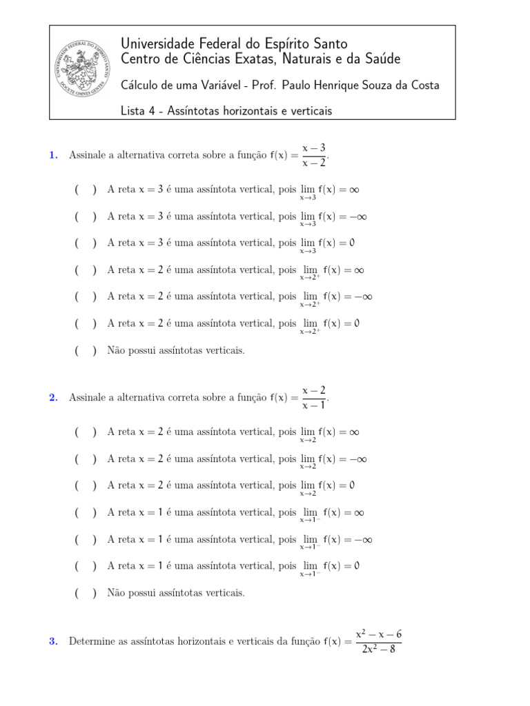 Assintotas em Funções: Exercícios e Respostas | PDF | Analise ...