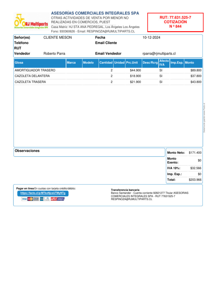Cotizacion N°844 - ANTONIO ESCALONA 10-12-24 | PDF | Servicios financieros | Mercado (economía)