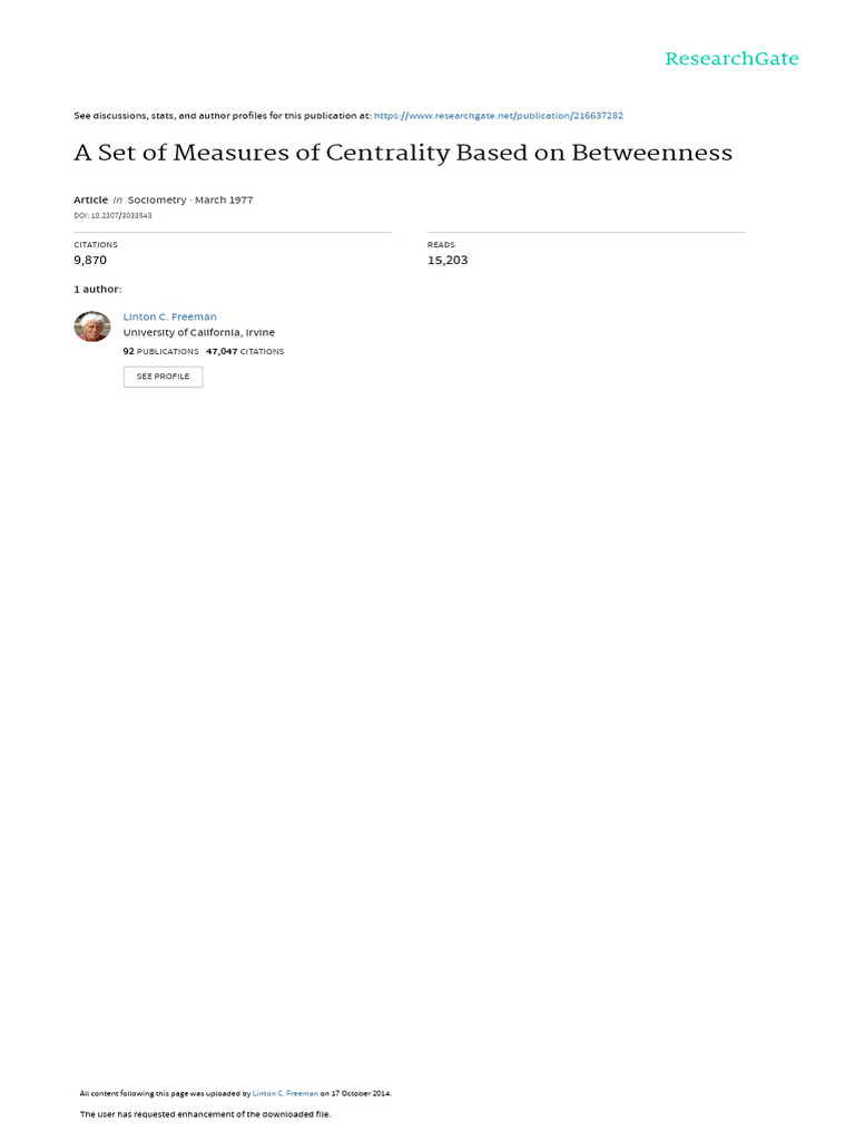 A Set of Measures of Centrality Based On Betweenne | PDF