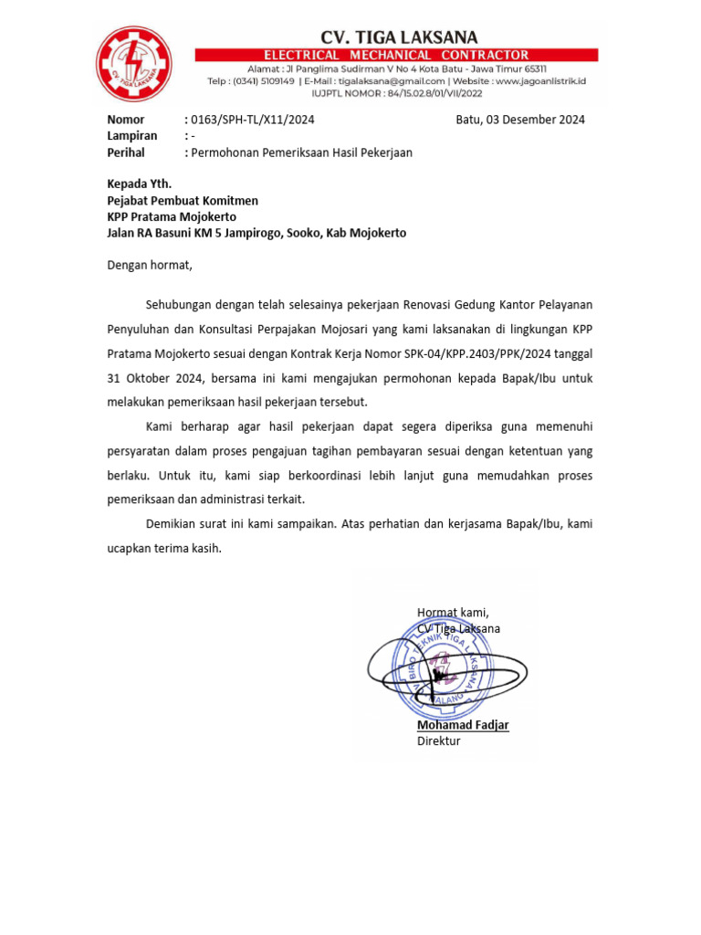 Permohonan Pemeriksaan Hasil Pekerjaan | PDF