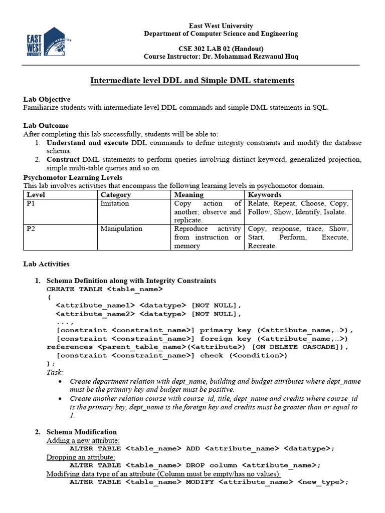 Intermediate SQL DDL & DML Lab Guide | PDF | Data Management Software | Information Technology ...