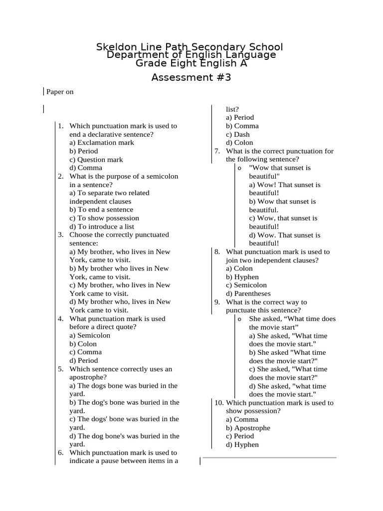 English A Grade 8 Assessment #3 | PDF | Punctuation | Comma