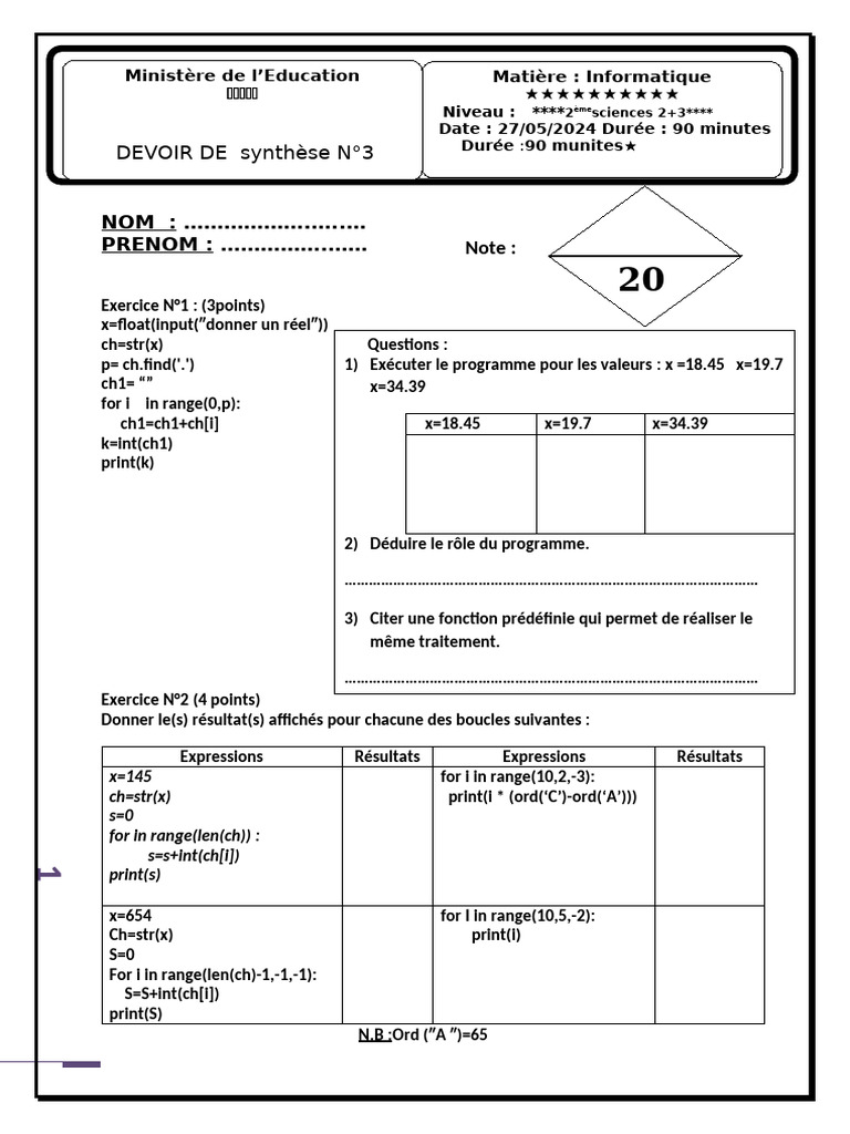 Devoir Synthèse 2sciences 2024 | PDF