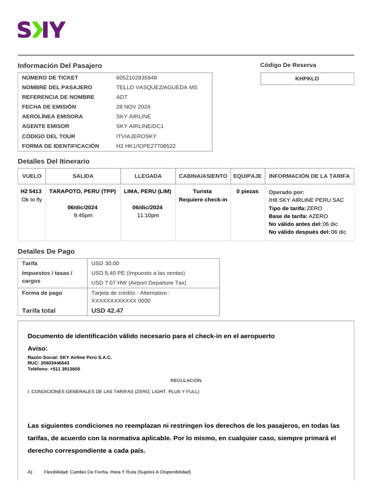 Recibo de Pasaje Electrónico, 06 Diciembre para MS AGUEDA TELLO VASQUEZ ...