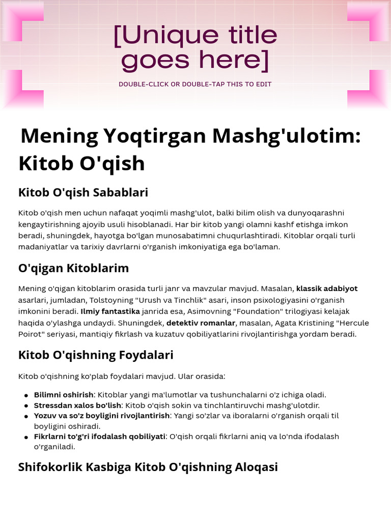 Mening Yoqtirgan Mashg'Ulotim Kitob O'Qish - 20241110 - 183739 - 0000 | PDF