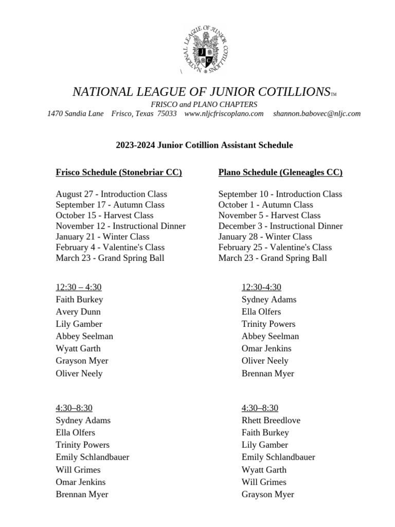 2023-2024 Cotillion Assistant Schedule | PDF