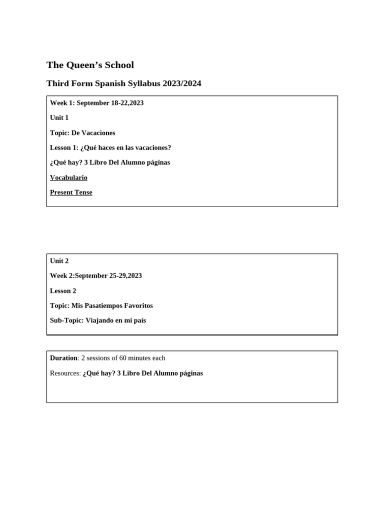 Third Form Spanish Syllabus 2023 - 2024 - DJ | PDF